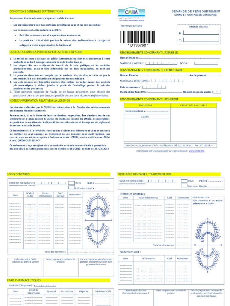 Feuille de Soins CMIM. Dentaire | PDF