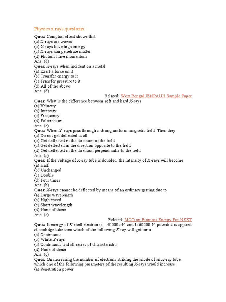 Physics X Rays Questions | PDF | Electron | Atoms