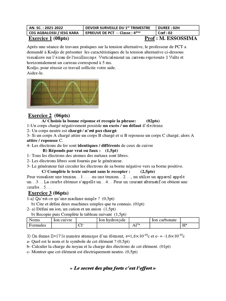 DEVOIR DE PCT 4è 2021-2022 TRIM1 | PDF