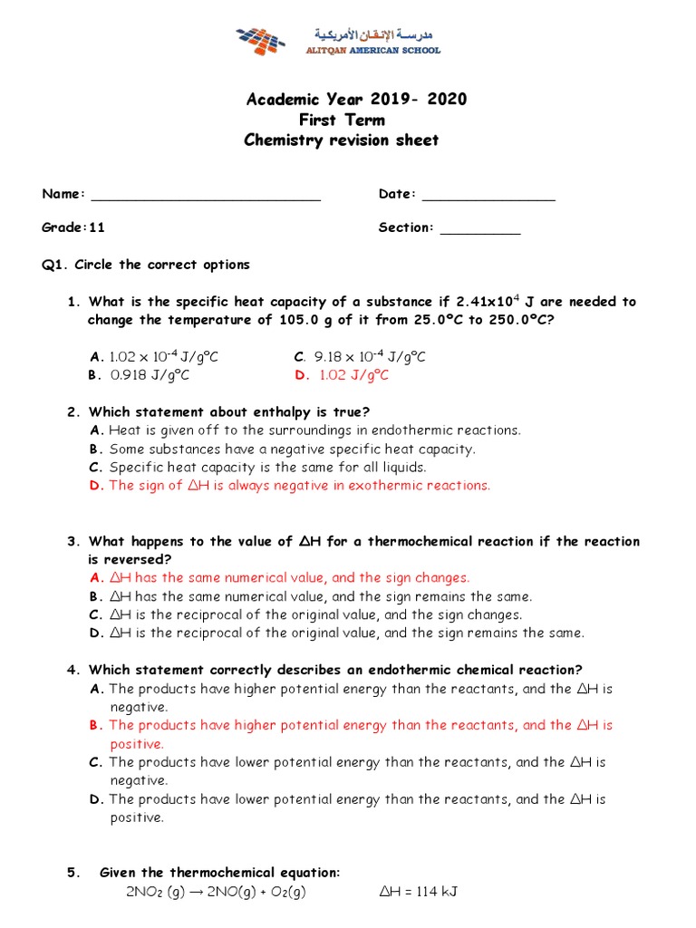 Grade 11 Chemistry Revision Sheet | PDF | Reaction Rate | Chemical ...