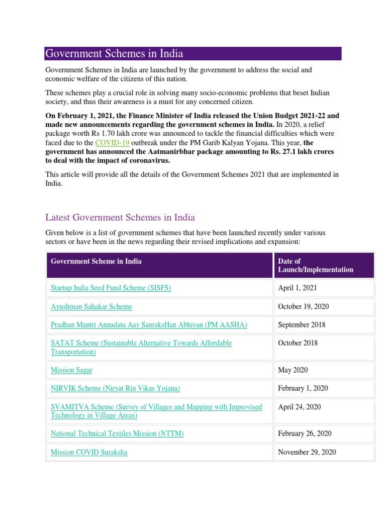 Overview of Government Schemes 2021 | PDF | Economy Of India ...