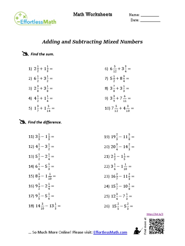 Adding and Subtracting Mixed Numbers Worksheet | PDF | Teaching Methods ...