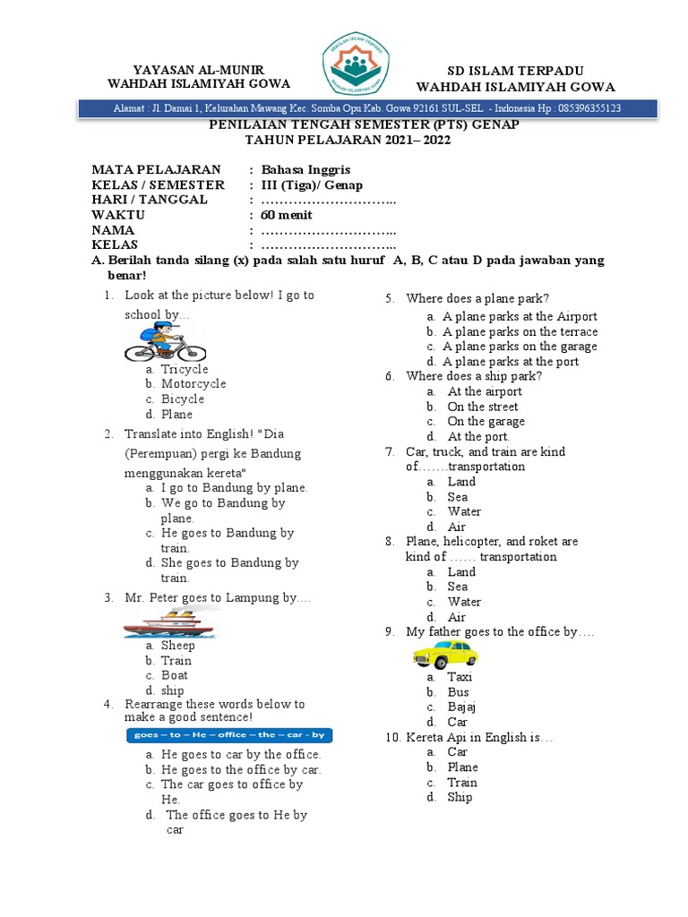 Soal PTS Ganjil Bahasa Inggris Kelas 3 | PDF | Transport | Service Industries