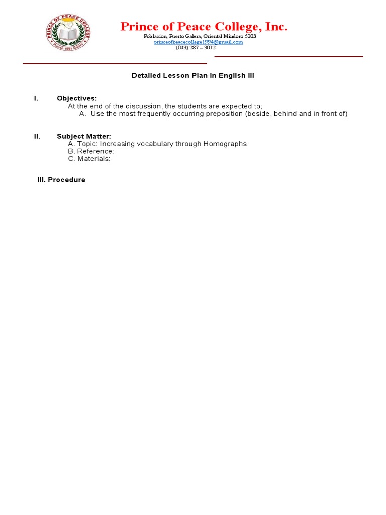 Detailed Lesson Plan in Eng III Prepositions In, On, at | PDF | Lesson ...