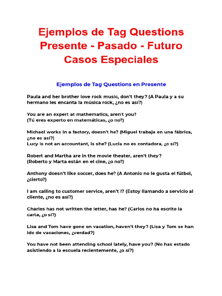 1 Ejemplos de Tag Questions en Todos Los Tiempos Verbales | PDF