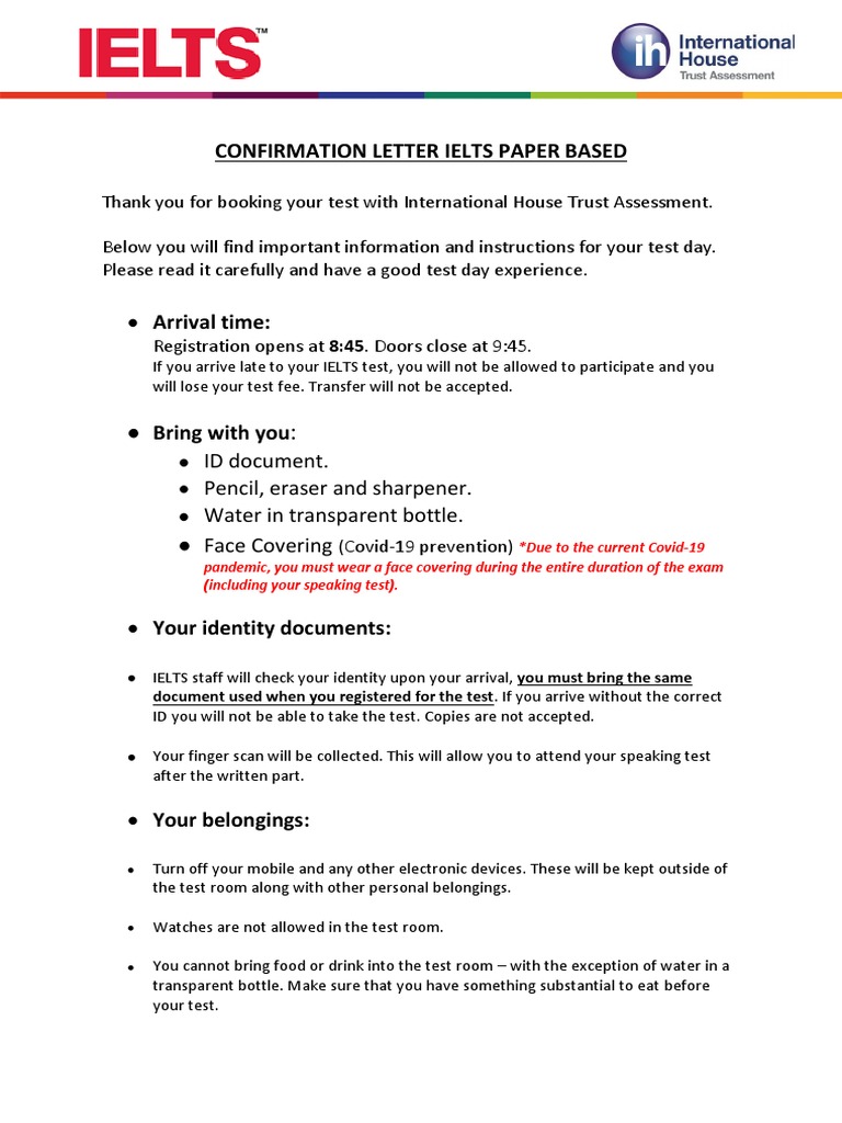Confirmation Letter Ielts Paper Based | PDF | International English ...