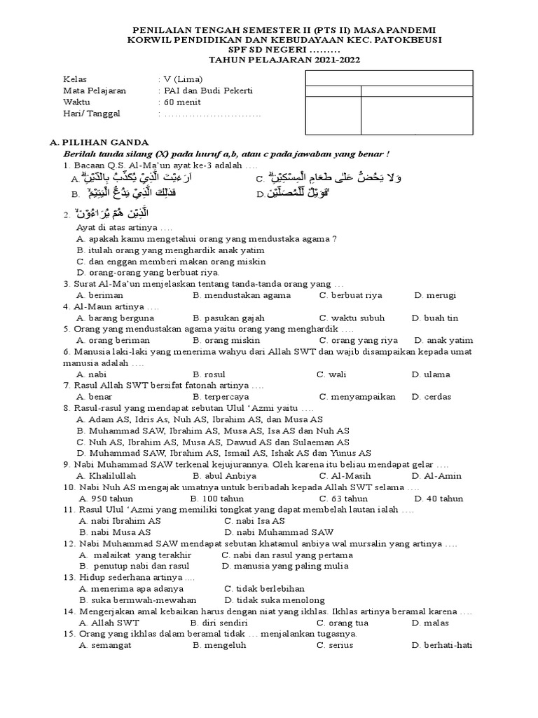 Soal PTS Pai Kelas 5 | PDF