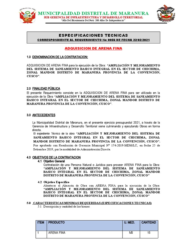 Especificaciones Tecnicas-Arena Fina | PDF