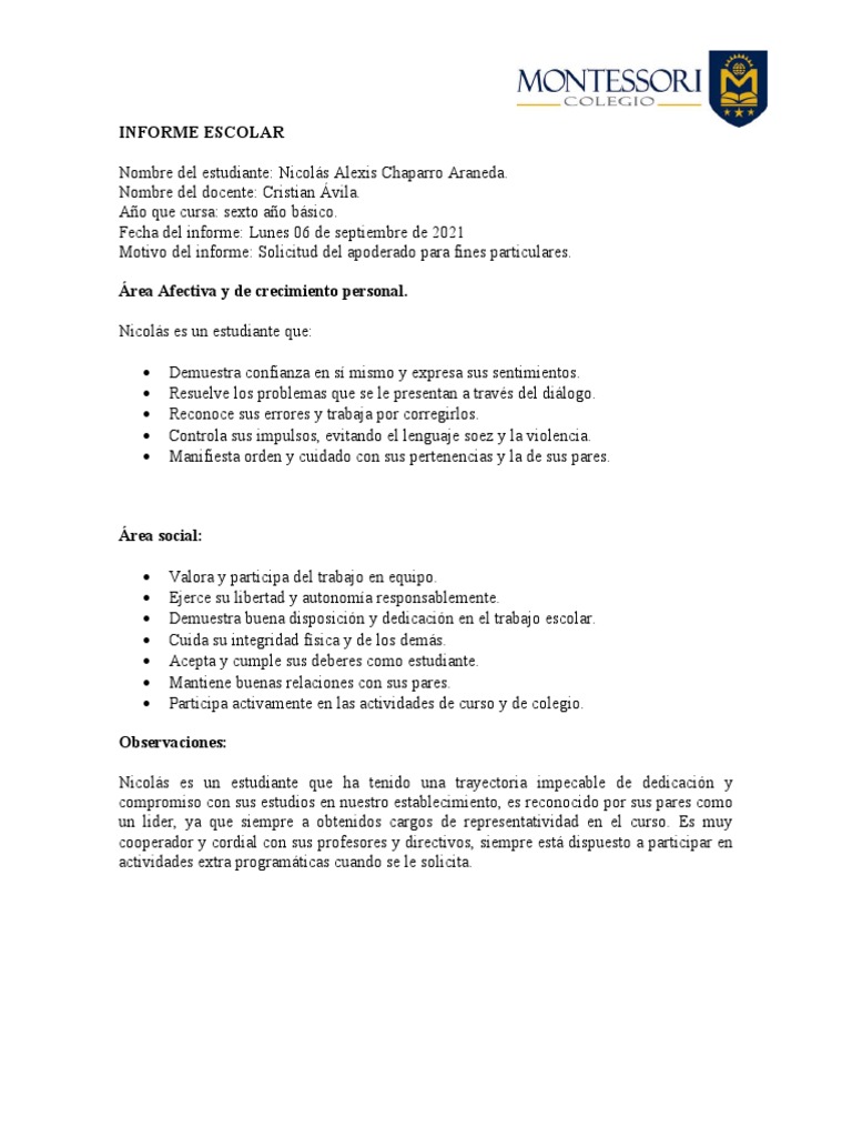 Informe Escolar | PDF