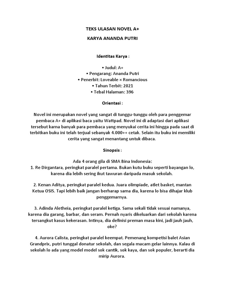 Tugas Teks Ulasan Novel A+ | PDF