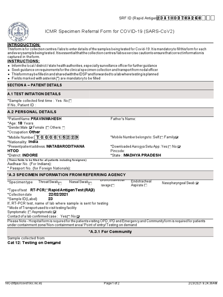 Icmr Specimen Referral Form For Covid-19 (Sars-Cov2) : (These Fields To ...