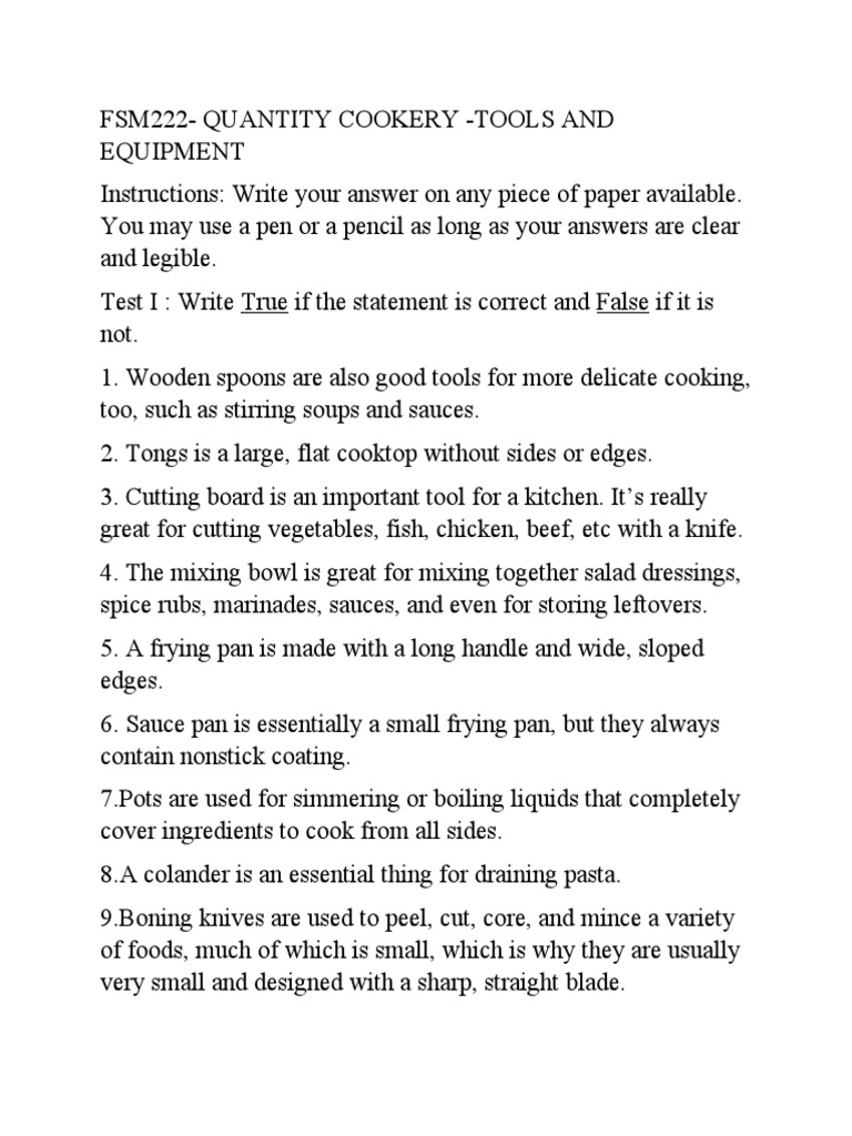 Tools and Equipment (Quiz) | PDF | Cooking | Foods