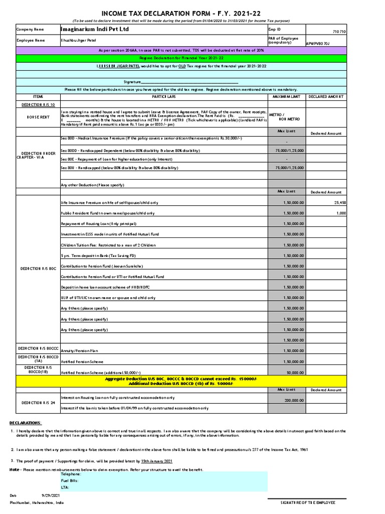 Investment Declaration Form 21-22 | PDF | Insurance | Loans