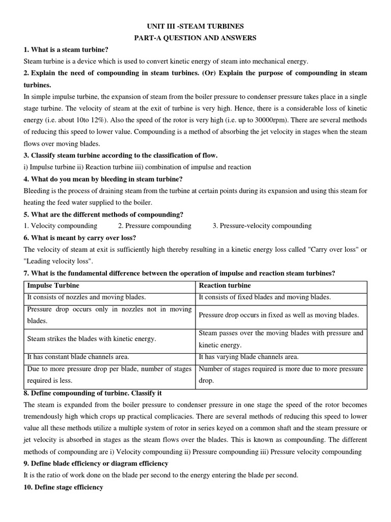 STEAM TURBINE Part-A Question and Answers PDF | PDF
