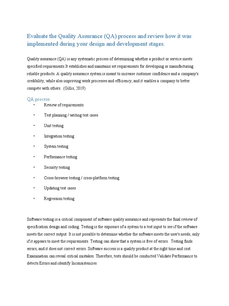 Evaluate The Quality Assurance (QA) Process and Review How It Was ...