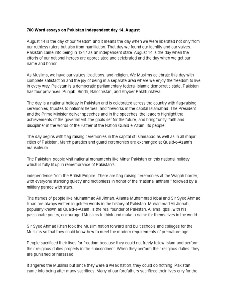 700 Word Essays On Pakistan Independent Day 14, August | PDF | Pakistan ...