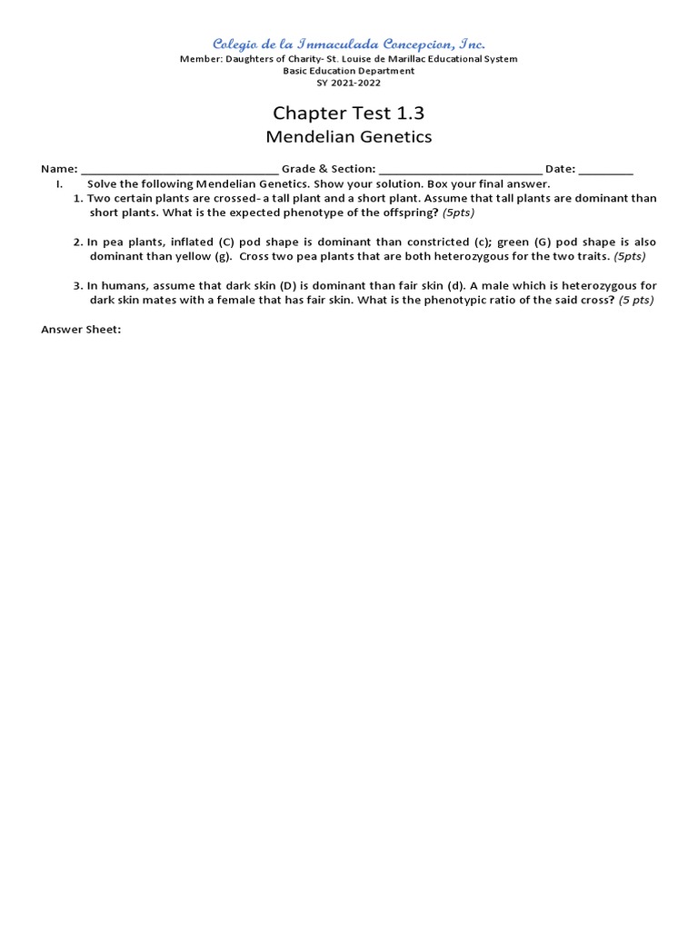 Chapter Test 1.3: Mendelian Genetics | PDF | Wellness | Science ...