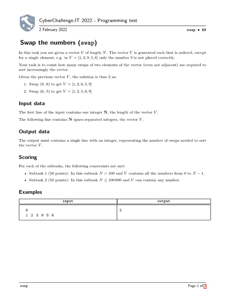 Swap The Numbers (Swap) : Cyberchallenge - It 2022 - Programming Test ...