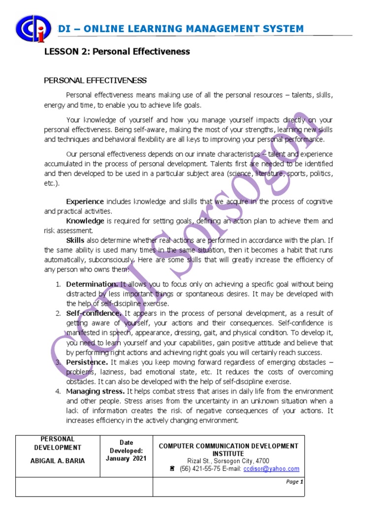 Ccdi - Online Learning Management System: LESSON 2: Personal Effectiveness | PDF | Disciplines ...