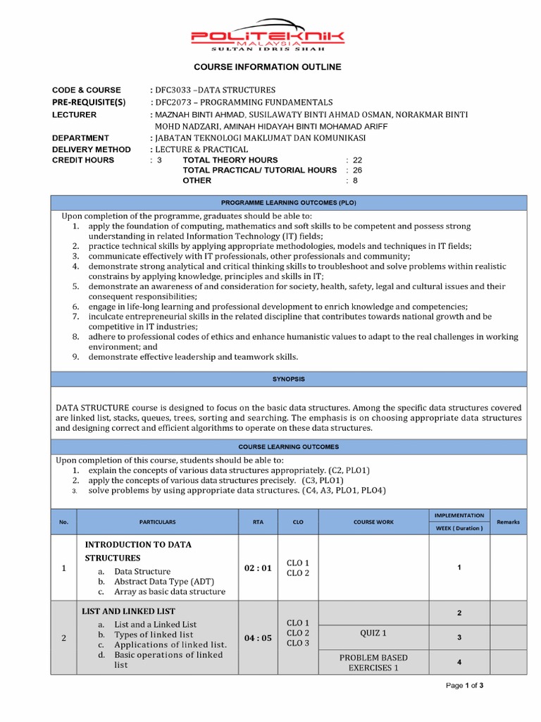 Course Outline DFC 3033 Data Structures | PDF