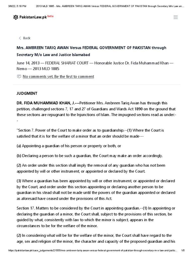 Mrs. Ambreen Tariq Awan Versus Federal Government of Pakistan Through ...