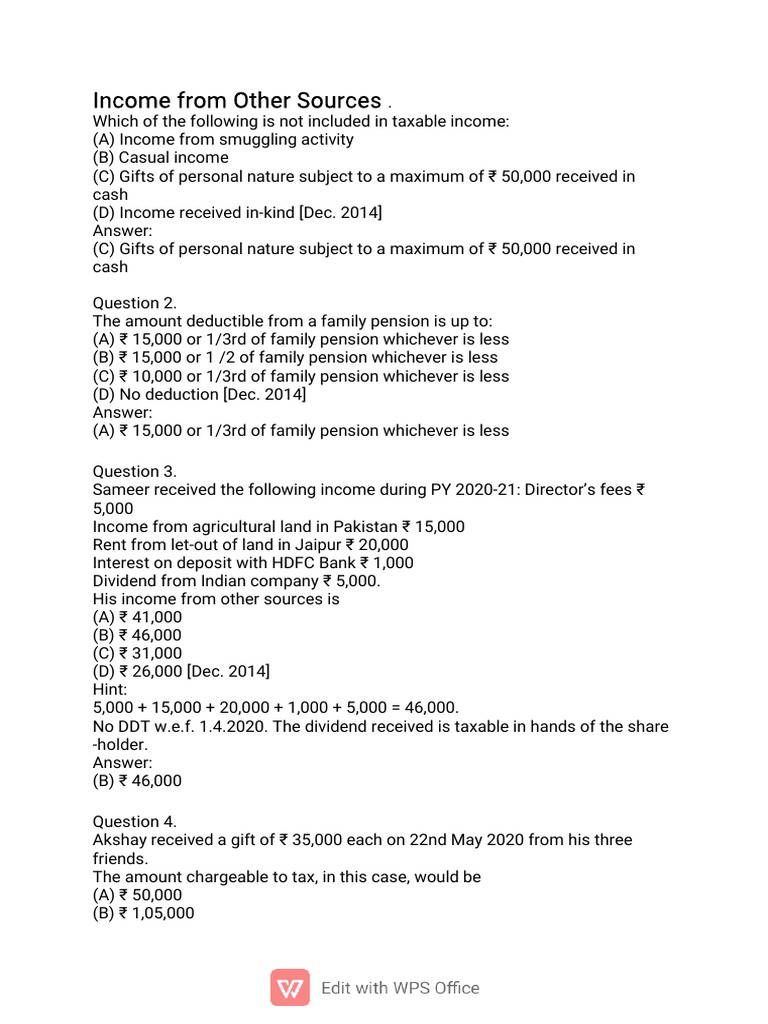 Income from Other Sources MCQs | PDF
