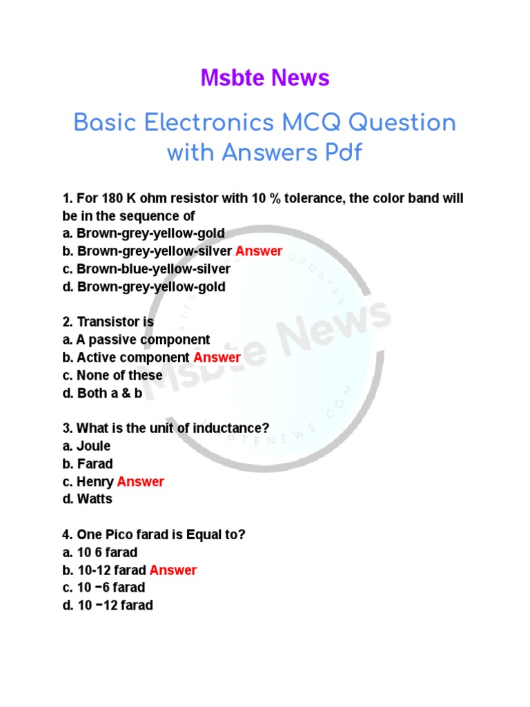 Basic Electronics MCQ Questions | PDF | Field Effect Transistor ...