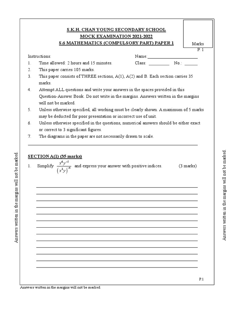 P.1 Answers Written in The Margins Will Not Be Marked | PDF | Volume ...