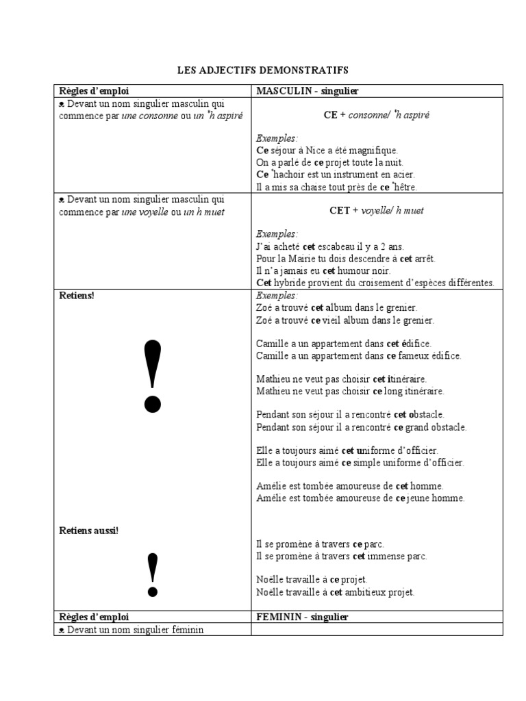 Les Adjectifs Demonstratifs Formes Et Emploi | PDF | Genre grammatical ...
