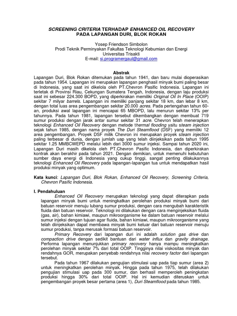 Kriteria Screening EOR Lapangan Duri | PDF | Enhanced Oil Recovery ...