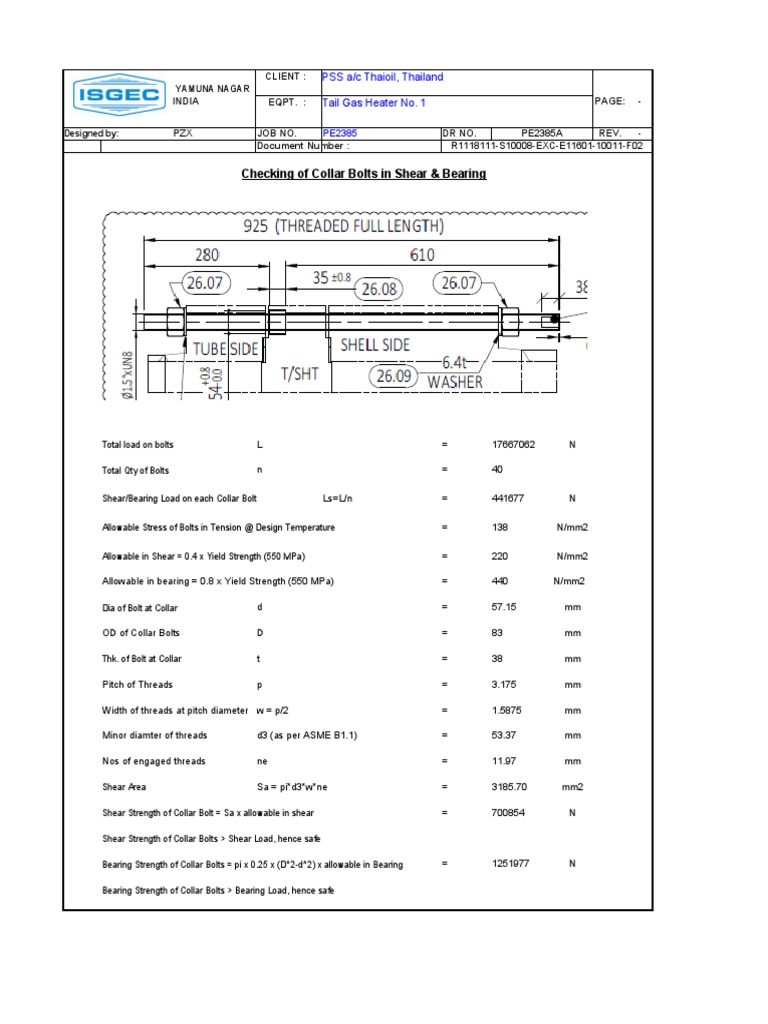 Checking of Collar Bolts in Shear & Bearing: Client: India Eqpt.: Job ...
