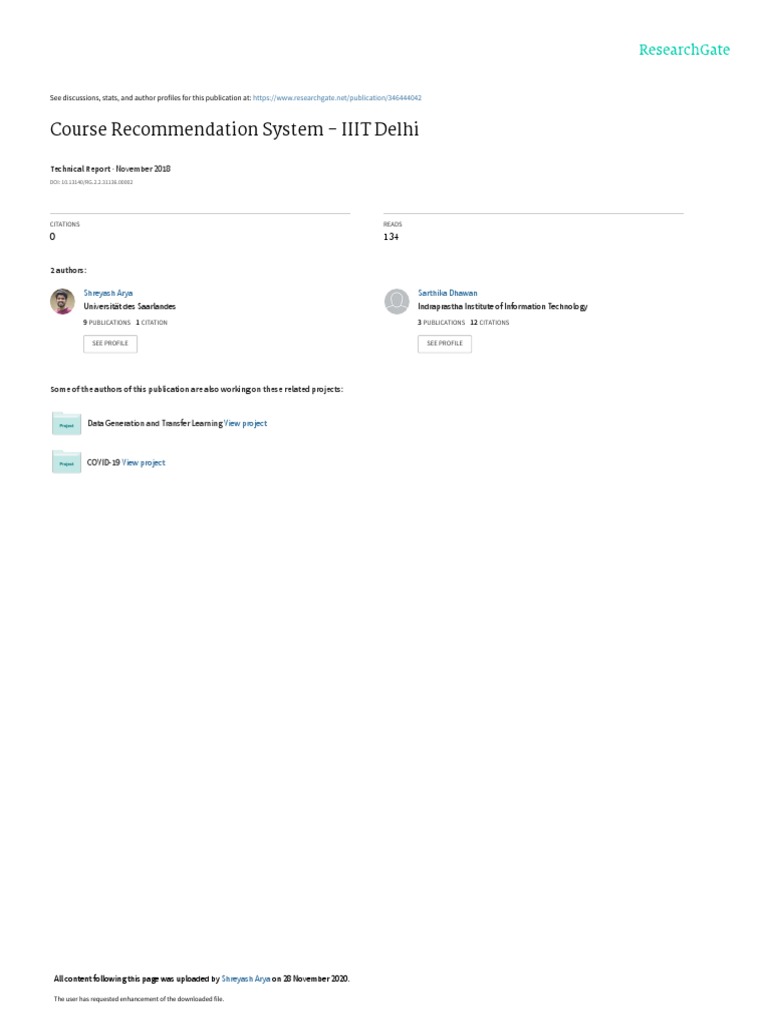 Course Recommendation System - IIIT Delhi: November 2018 | PDF ...