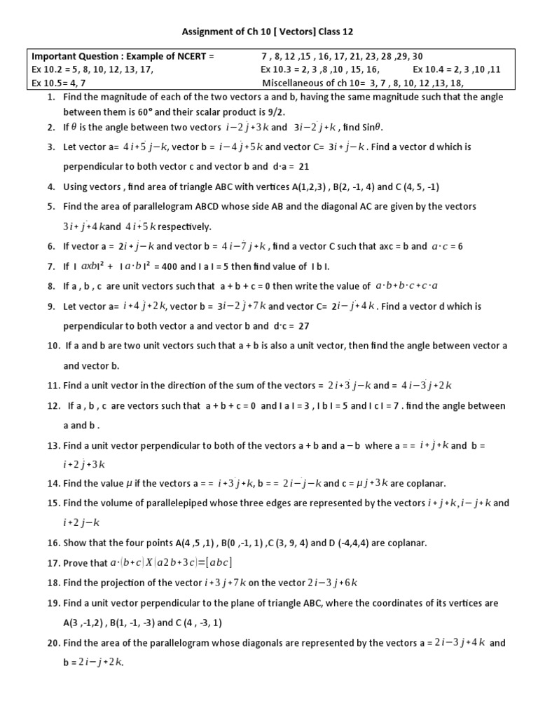 Assignment of CH 10 Class 12 | PDF | Euclidean Vector | Triangle