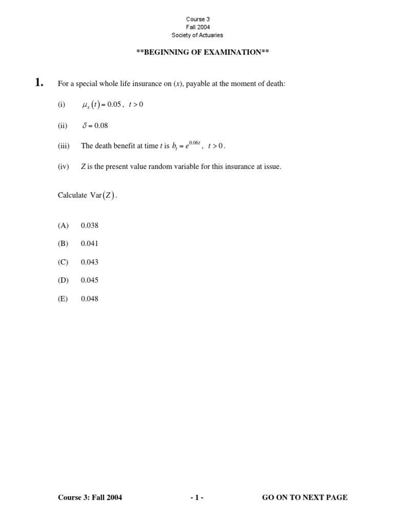 Actuarial Exam Problems - Fall 2004 | PDF | Life Insurance | Teaching ...