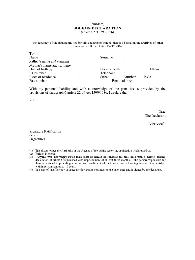 Solemn Declaration Form Act 1599/1986 | PDF | Law