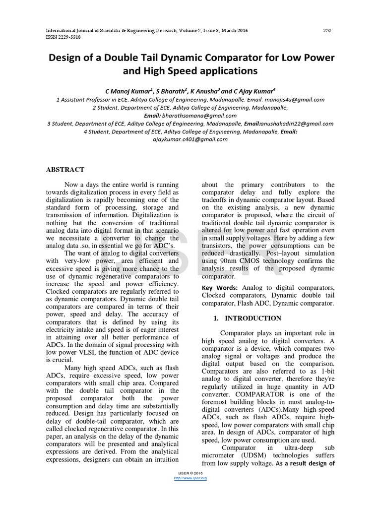 Design of A Double Tail Dynamic Comparator For Low Power and High Speed ...
