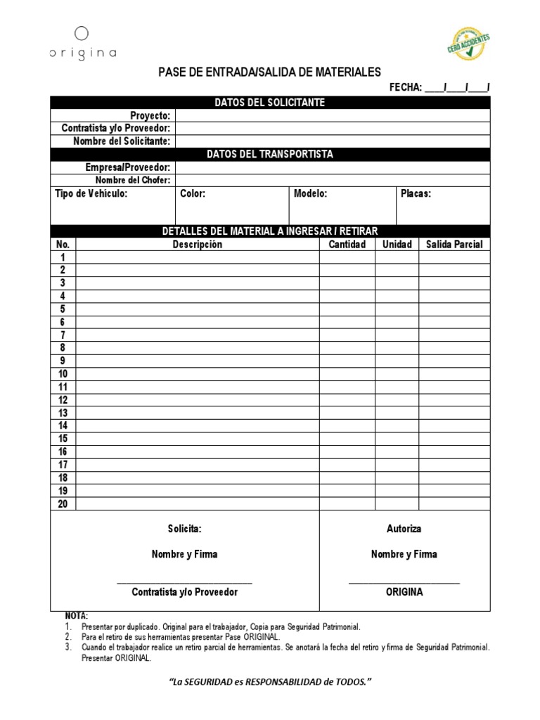Pase de Entrada de Salida de Materiales | PDF