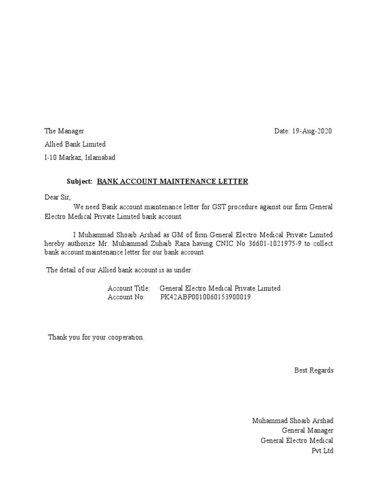 Request for Bank Account Maintenance Letter | PDF | Finance & Money ...