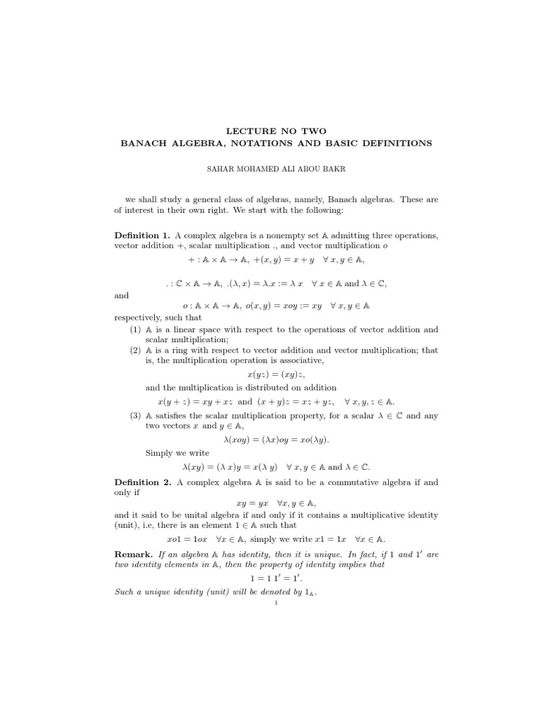 Lecture No Two Banach Algebra, Notations and Basic Definitions | PDF | Operator (Mathematics ...