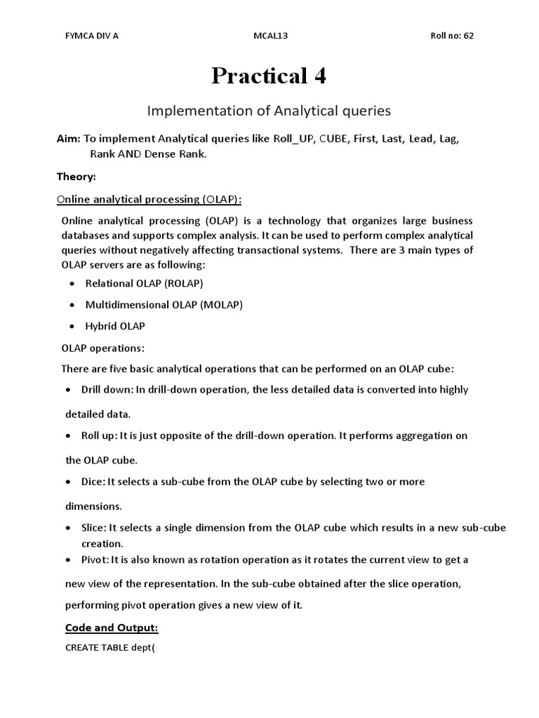 ADBMS Lab - Practical No.4 - Praveen Yadav - Roll No.62 | PDF | Business | Information Management