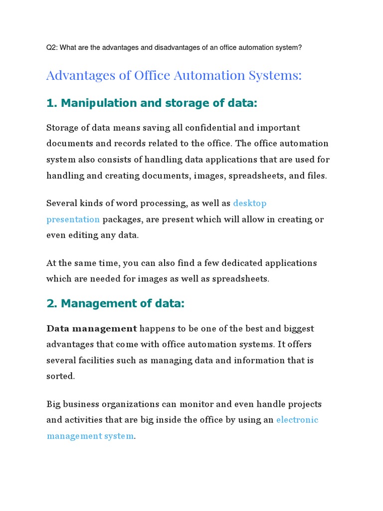 Advantages of Office Automation Systems:: 1. Manipulation and Storage ...