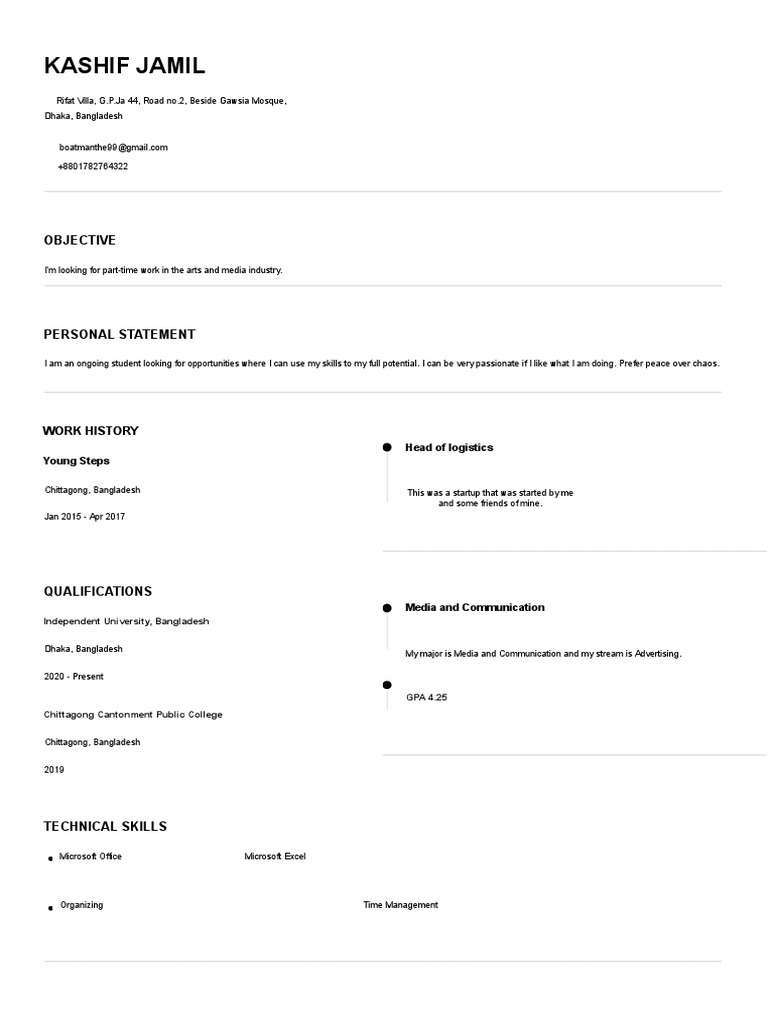 Resume of Kashif Jamil Seeking Part-Time Opportunities in the Arts and ...