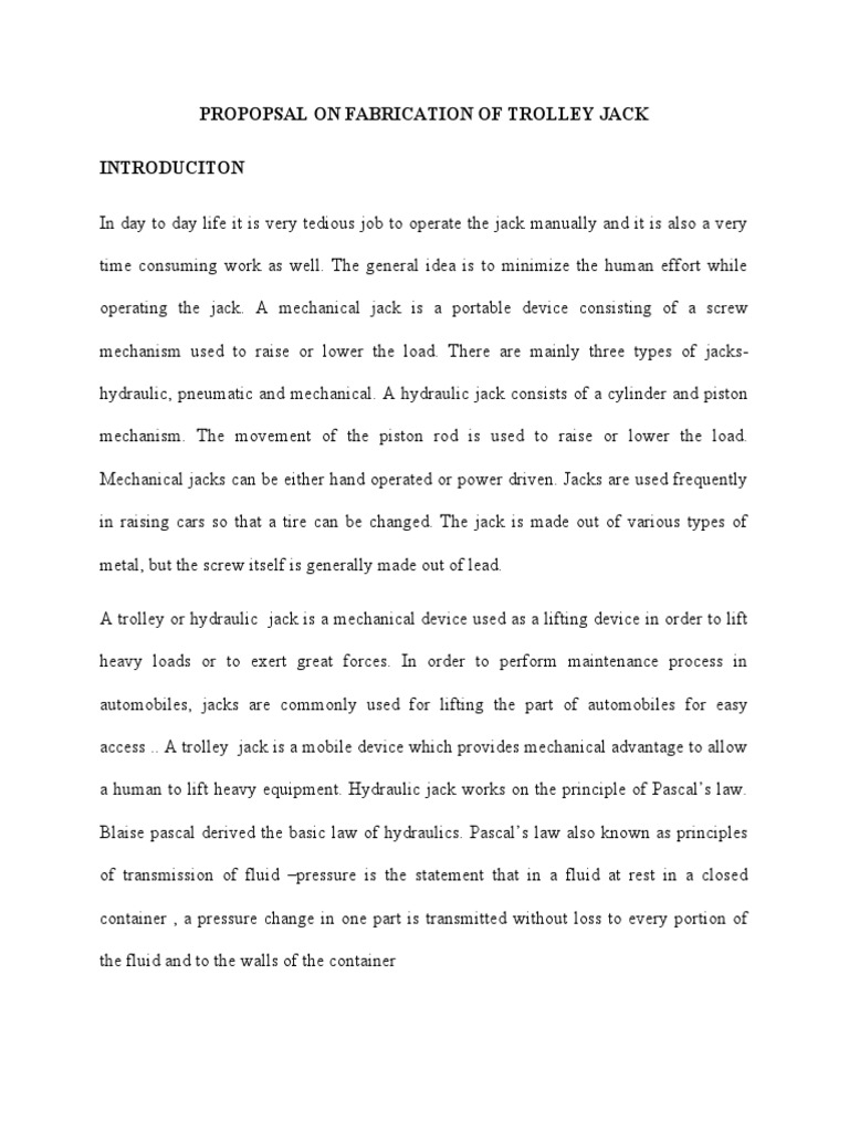 Trolley Jack Proposal | PDF | Hydraulics | Mechanical Engineering