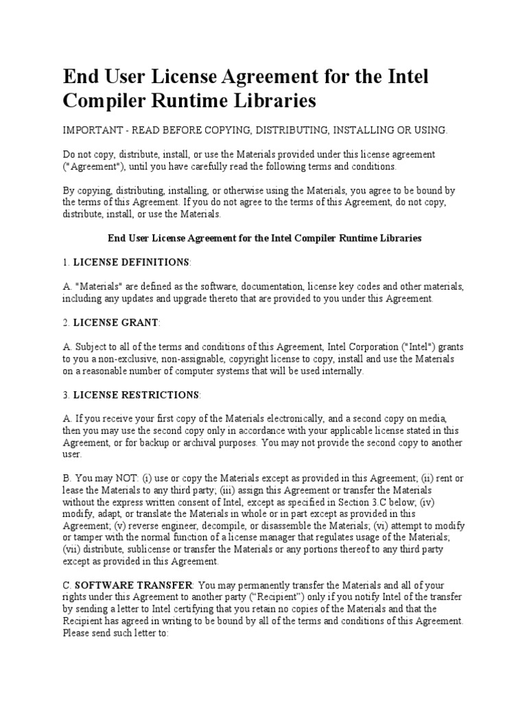 EULA Intel Compiler Runtime | PDF | License | Copyright
