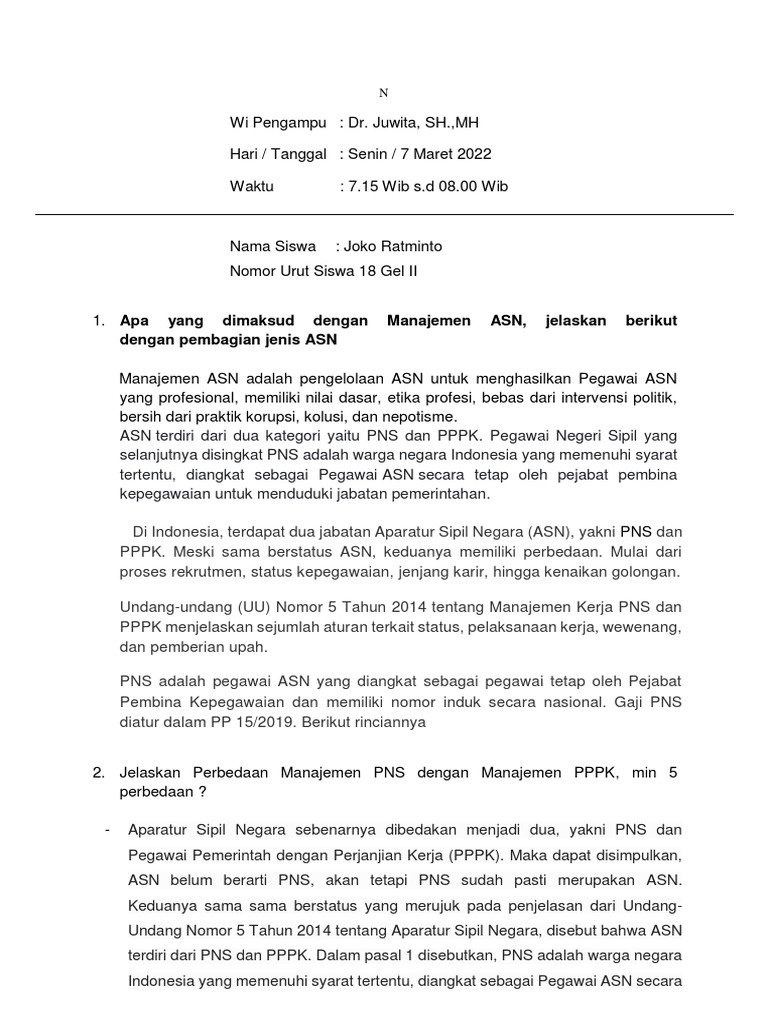 Manajemen ASN: PNS vs PPPK | PDF | Karier & Perkembangan
