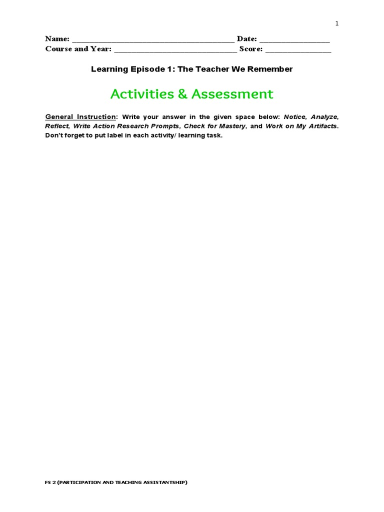 Fs 2 Episode 1 Activities and Assessment | PDF