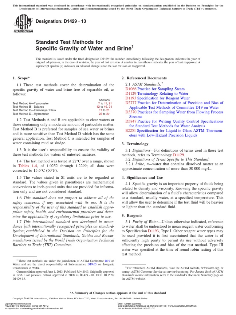 ASTM - D1429 Gravedad Especifica | PDF