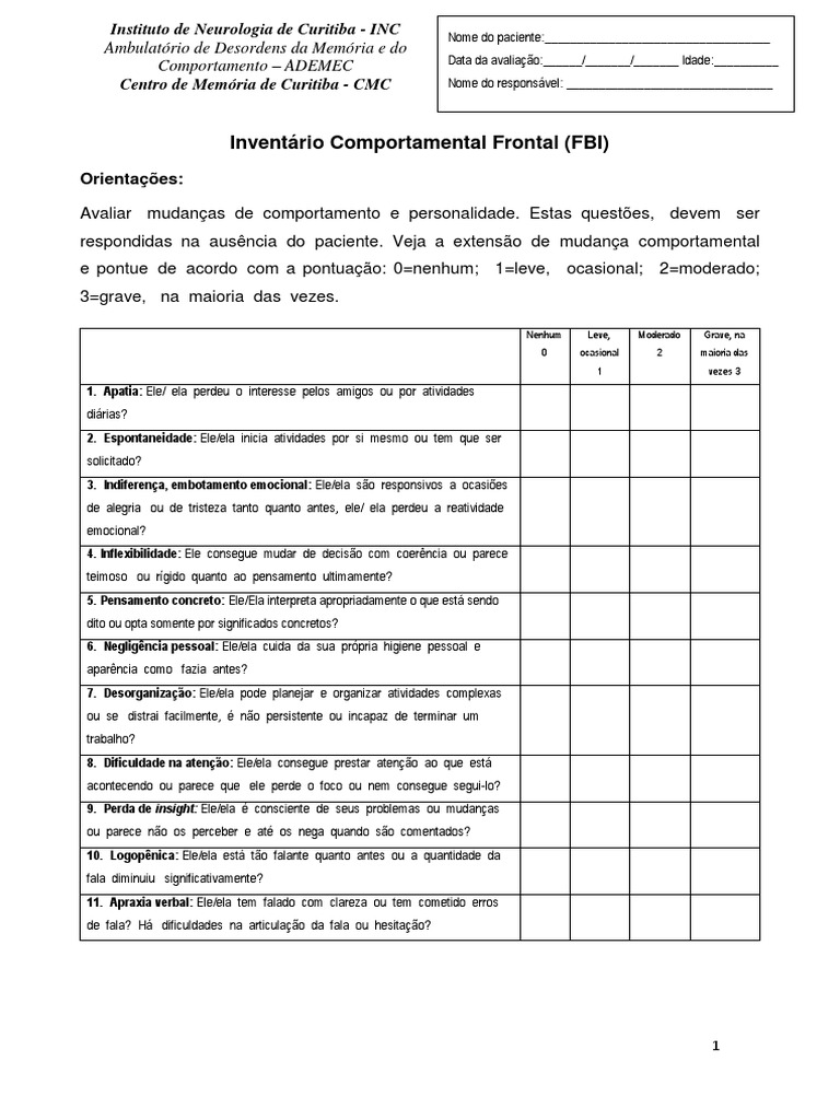 Inventário Comportamental Frontal - FBI | PDF