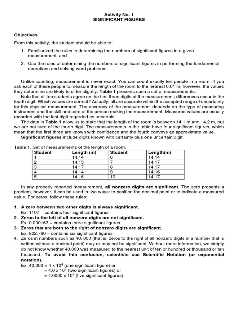 Activity # 1 (Significant Figure) - 1 | PDF | Significant Figures ...