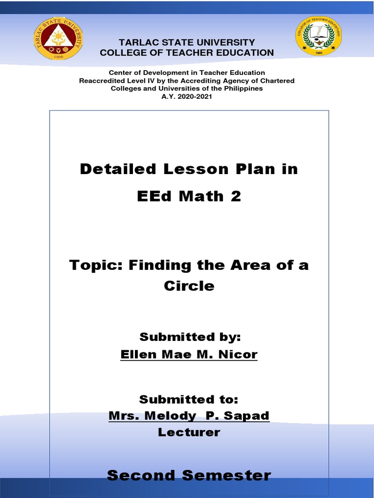 Area of a Circle Lesson Plan | PDF | Area | Lesson Plan